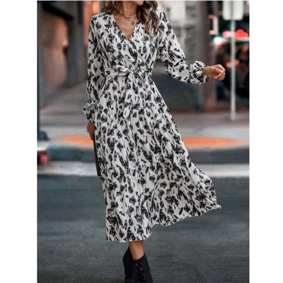 Dresses | City Chic Boho Allover Print Belted Surplice Neck Dress Black White | Poshmark
